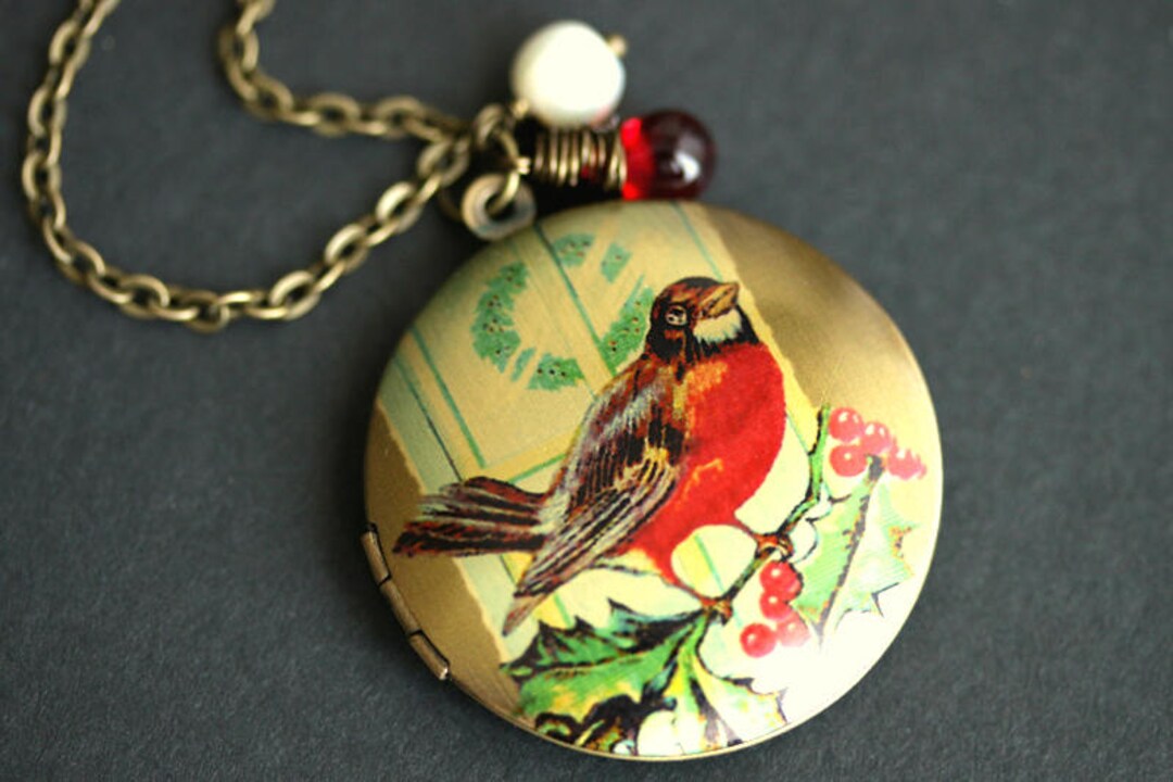Robin Locket Necklace. Bird Necklace With Red Teardrop and Fresh Water ...