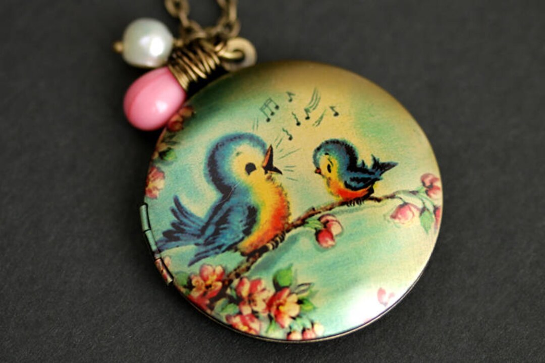 Singing Bird Locket Necklace. Cartoon Bird Necklace. Bluebird Necklace ...