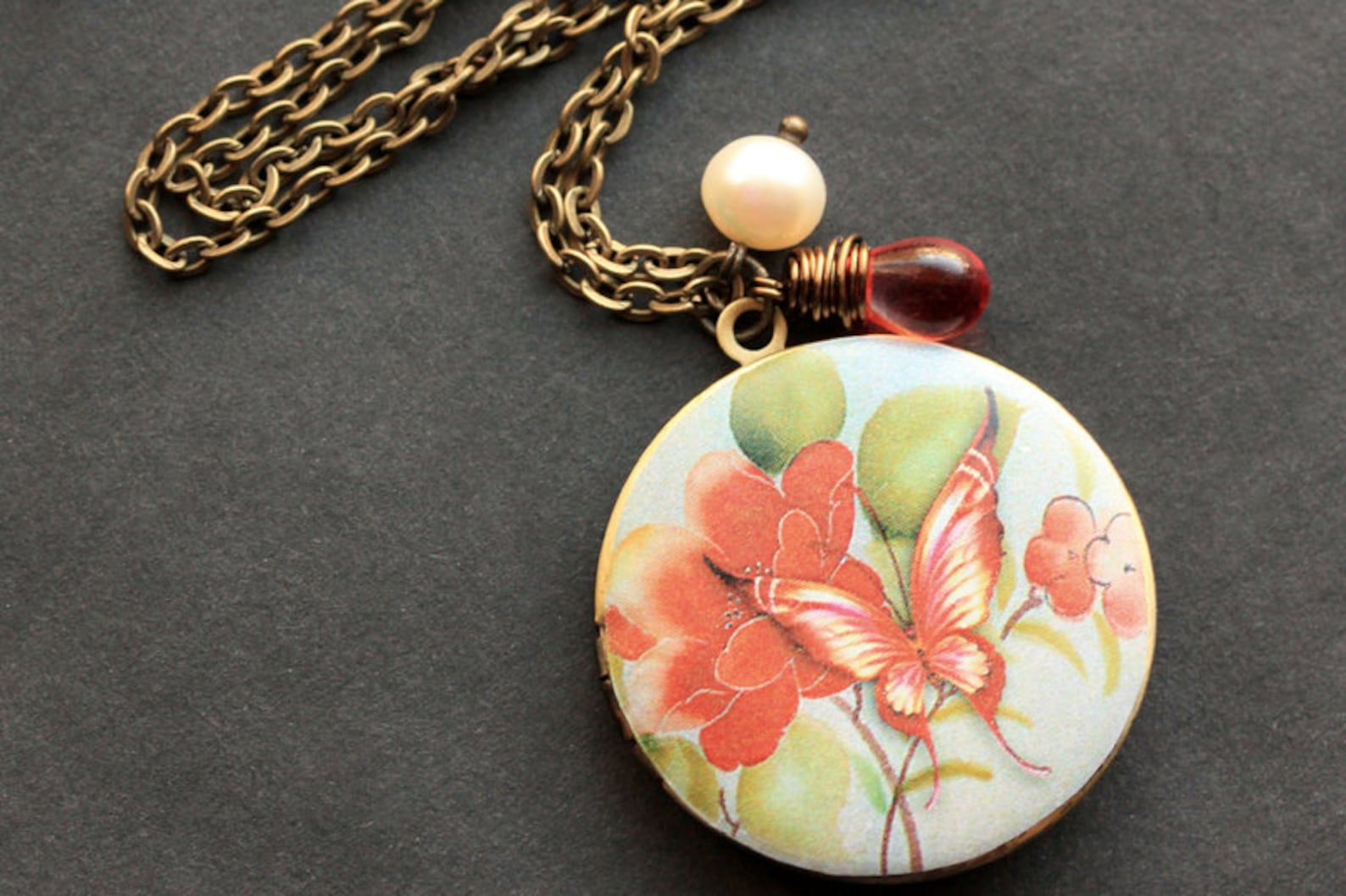 Pink Butterfly Locket Necklace. Pink and Red Butterfly - Etsy