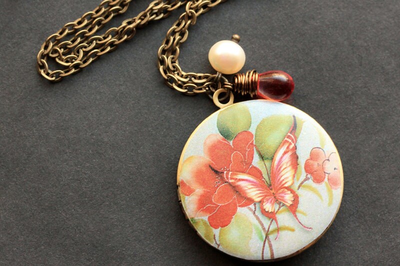 Pink Butterfly Locket Necklace. Pink and Red Butterfly - Etsy