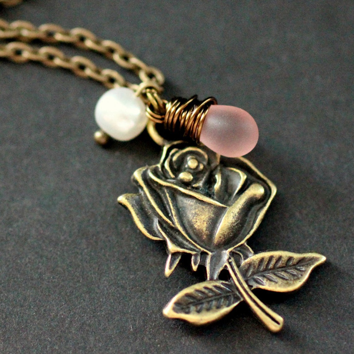 Pink Rose Necklace. Bronze Rose Charm Necklace With Frosted - Etsy