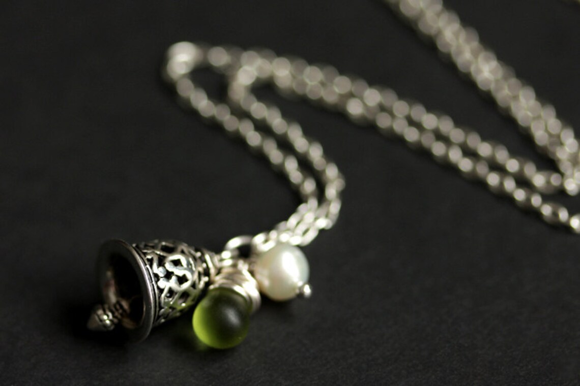 Silver Bell Necklace. Bell Charm Necklace With Glass Teardrop and Fresh ...
