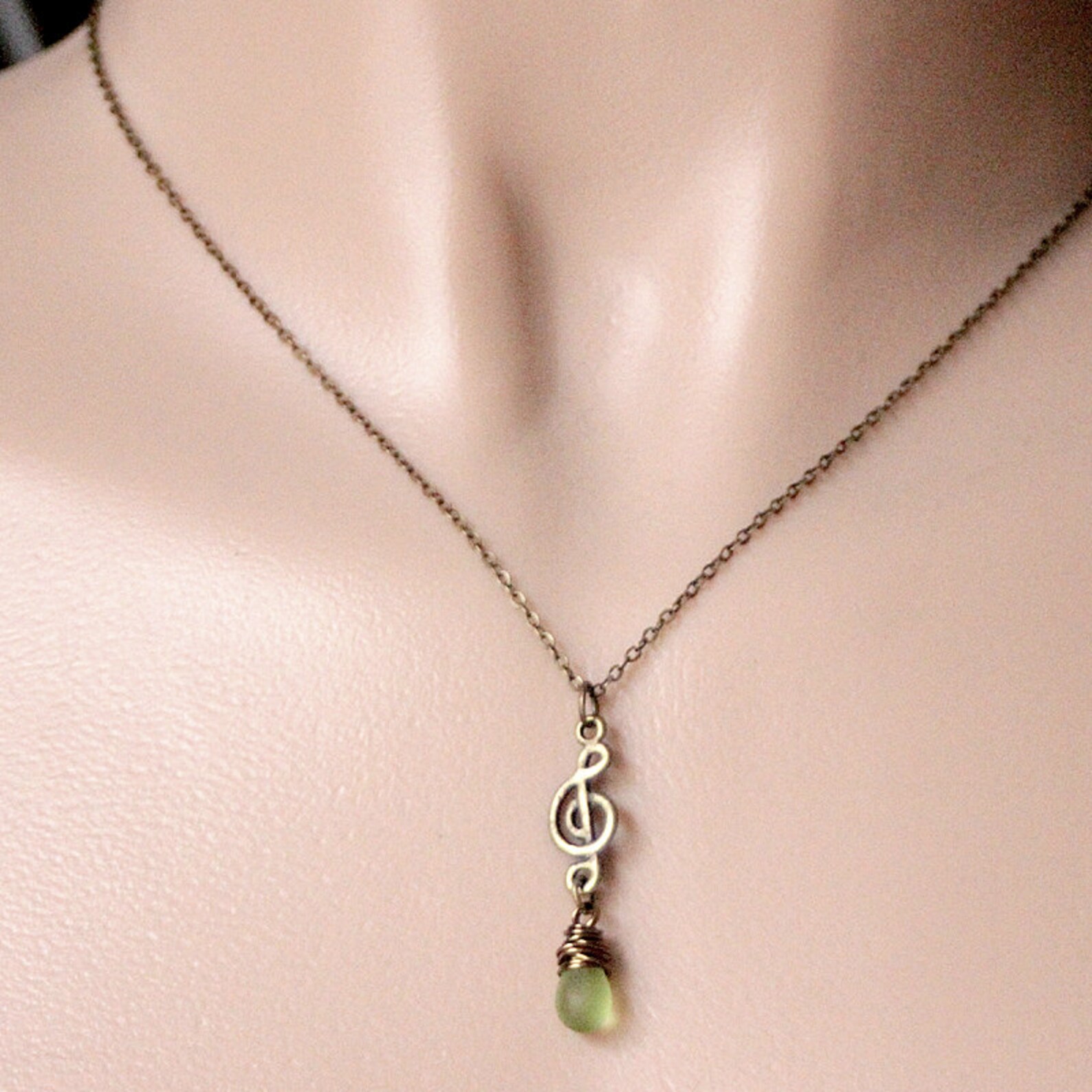 Musical Note Necklace. Treble Clef Necklace. Clouded Green Teardrop ...