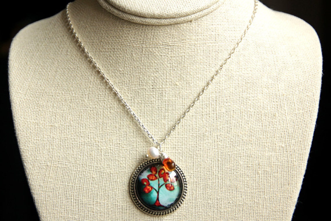 Autumn Tree Necklace. Orange Tree Pendant With Fresh Water Pearl and ...