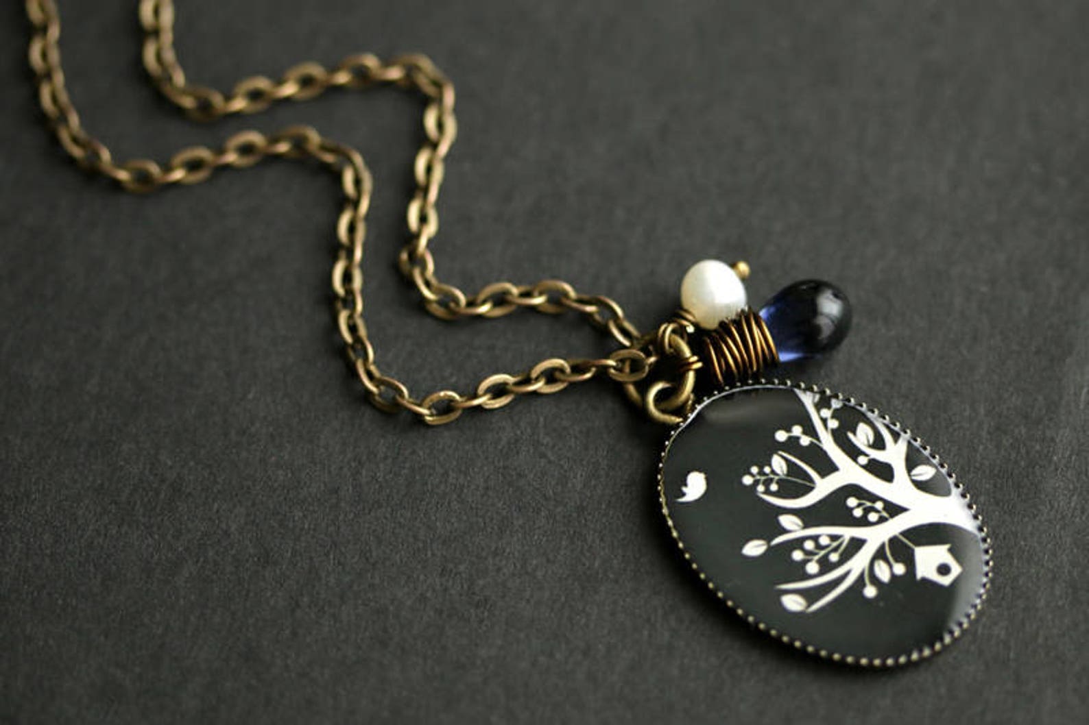 Midnight Tree Necklace. Navy Blue and White Tree Pendant With Dark Blue ...