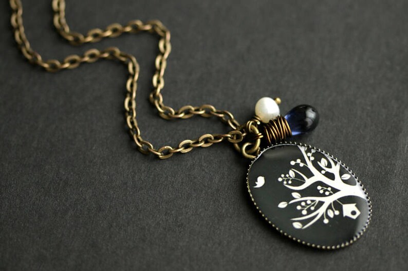 Midnight Tree Necklace. Navy Blue and White Tree Pendant With Dark Blue ...