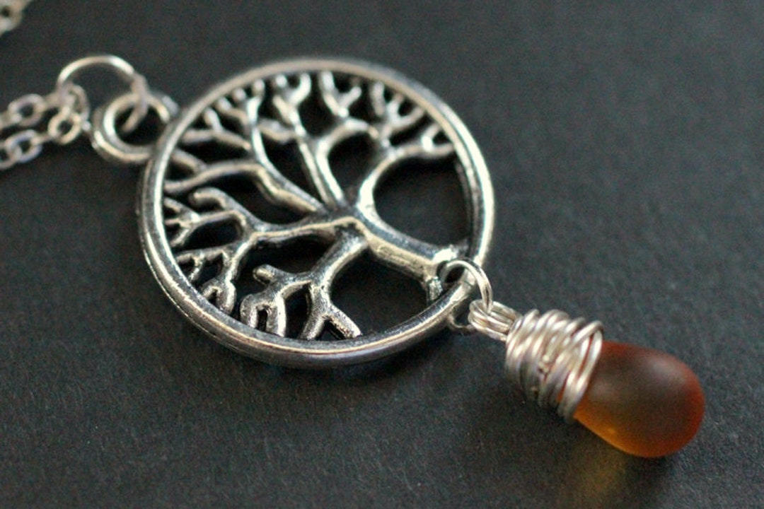 Tree Necklace. Silver Tree of Life Necklace. Wire Wrapped Frosted Honey ...