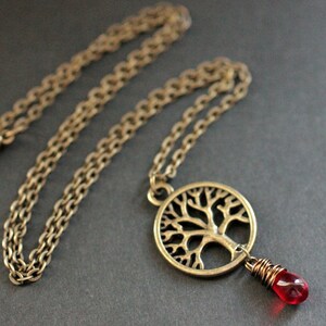 Tree Necklace. Bronze Tree of Life Necklace. Wire Wrapped Red Teardrop ...