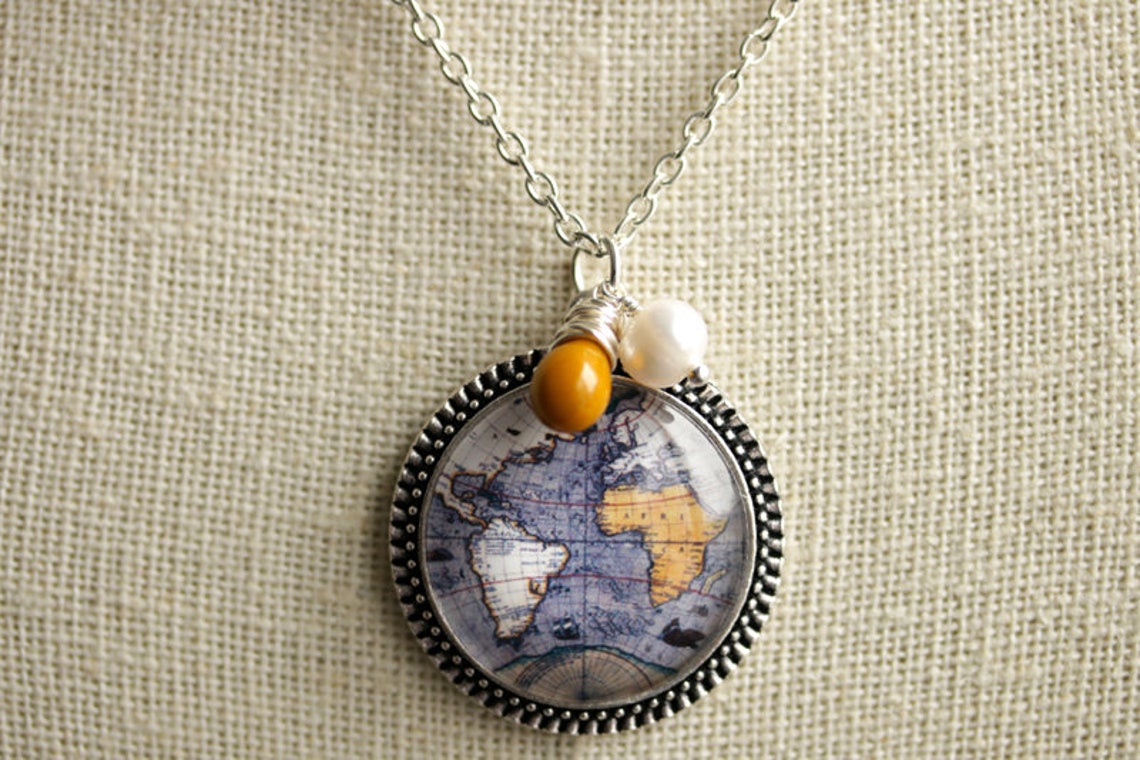 World Map Necklace. Planet Earth Map Pendant With Fresh Water Pearl ...