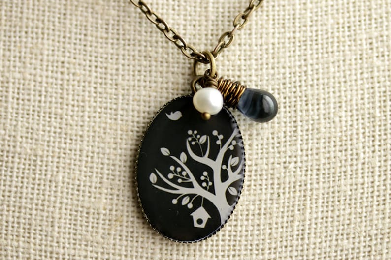 Midnight Tree Necklace. Navy Blue and White Tree Pendant With Dark Blue ...