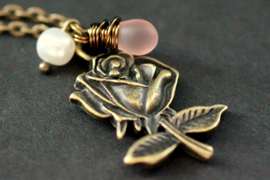Pink Rose Necklace. Bronze Rose Charm Necklace With Frosted Pink ...