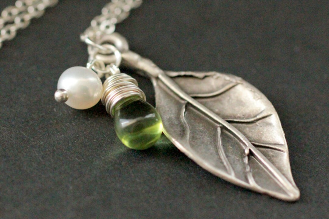 Silver Leaf Necklace. Fig Leaf Necklace. Leaf Charm Necklace With Glass ...