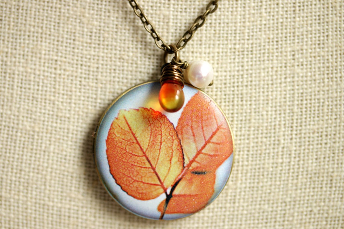Autumn Leaf Locket Necklace. Tree Leaf Necklace With Glass Teardrop and ...