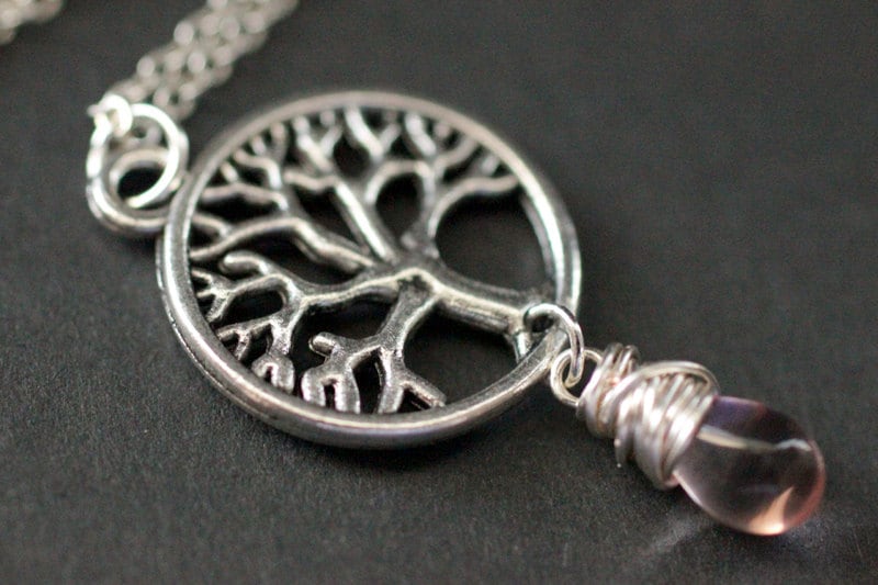Tree of Life Necklace. Silver Tree Necklace. Wire Wrapped Pink Teardrop ...