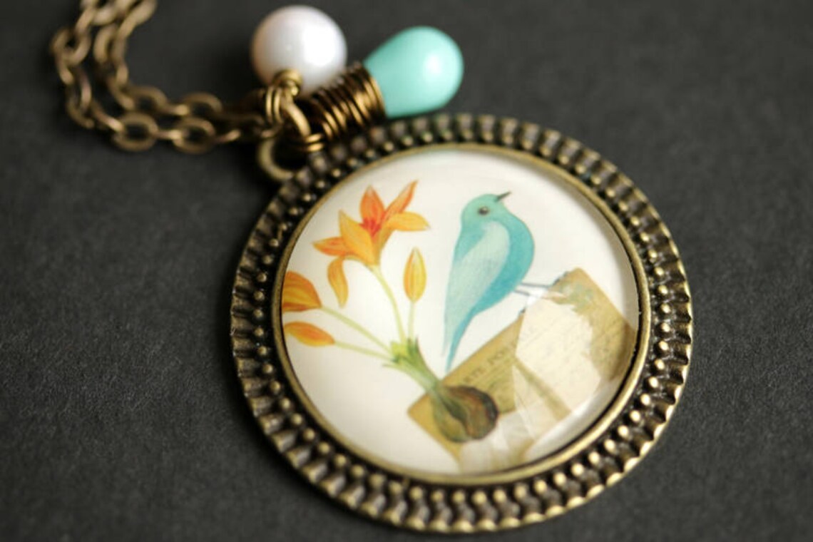 Aqua Blue Bird Necklace. Bird Pendant With Aqua Blue Teardrop - Etsy