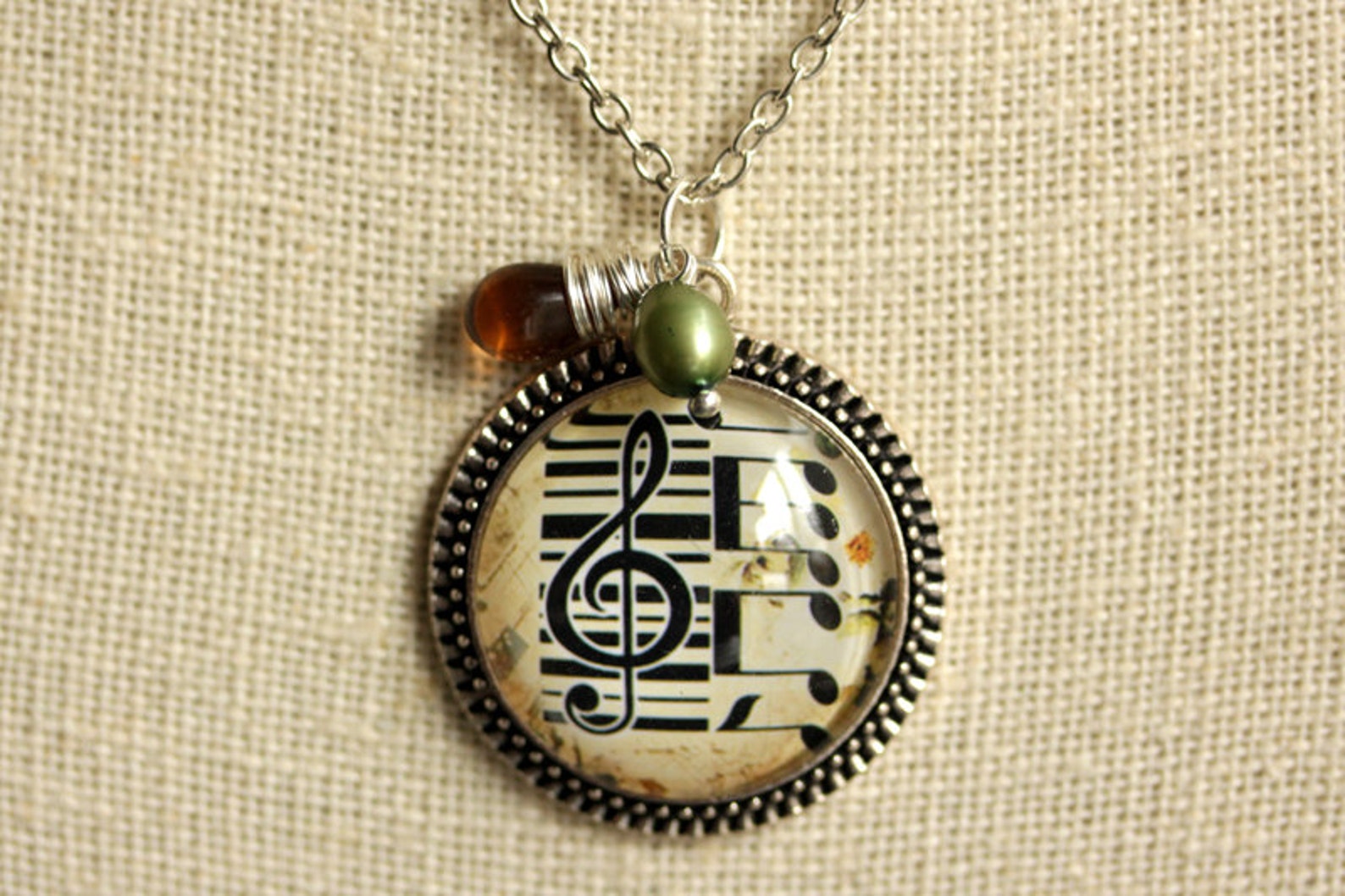 Music Necklace. Musical Notes Pendant. Piano Necklace With Olive Green ...