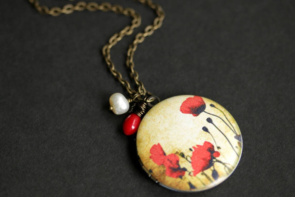 Field of Poppies Locket Necklace. Red Poppy Necklace With Red - Etsy