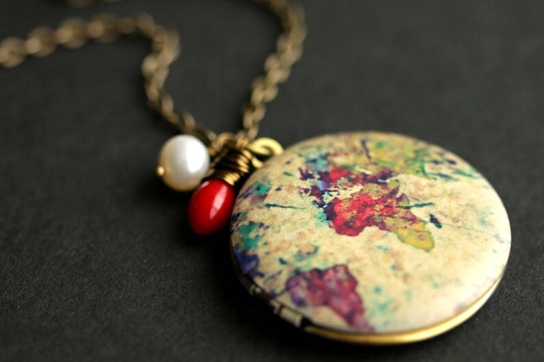 Rustic World Map Locket Necklace. Rustic Map Necklace With Red - Etsy