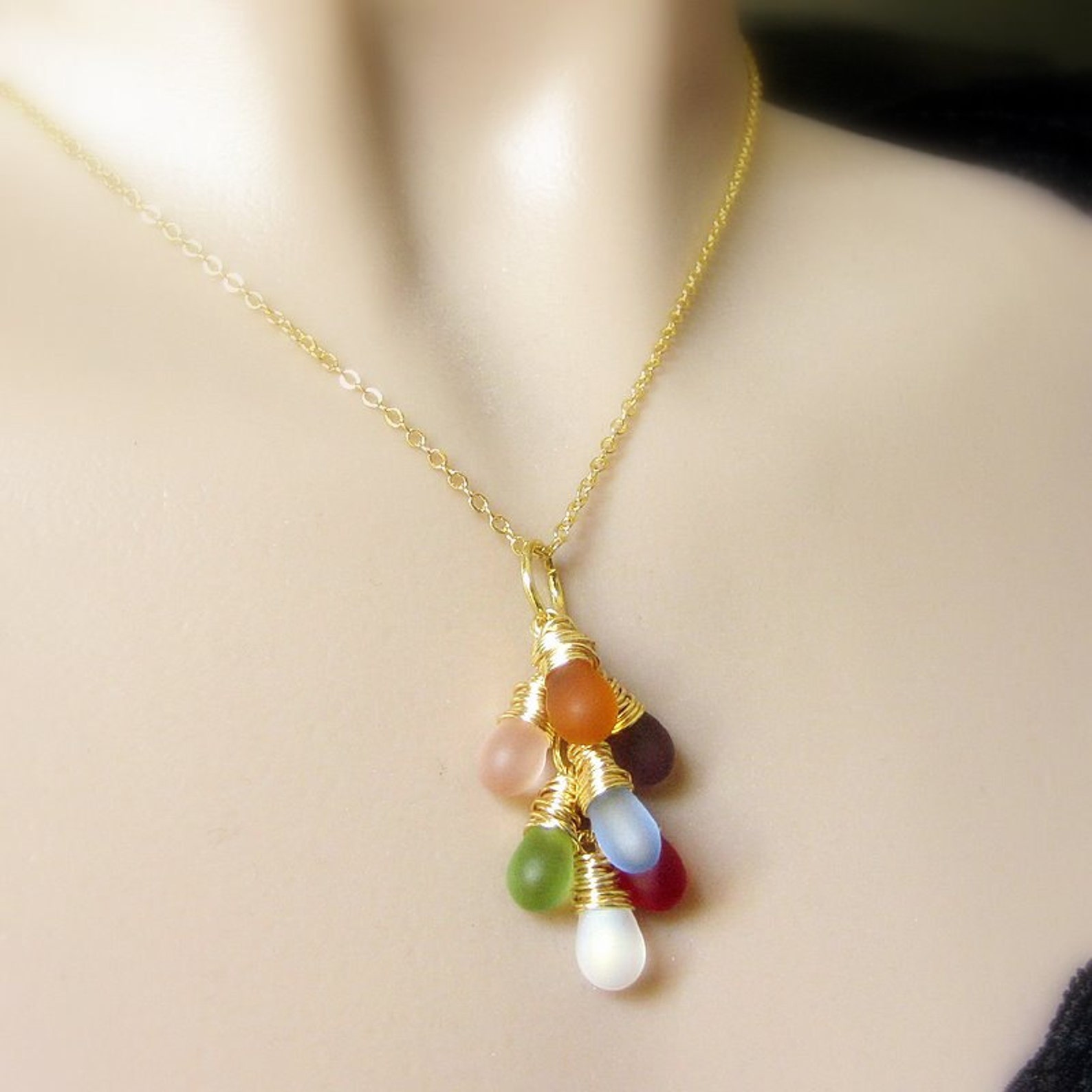 14K GOLD Fill Necklace. Wire Wrapped Cluster Pendant With Frosted Glass ...