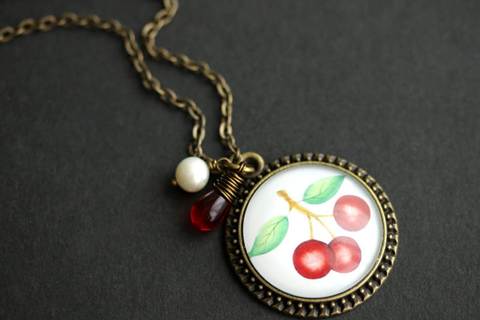 Red Cherry Necklace. Cherry Pendant With Red Teardrop and White Pearl ...