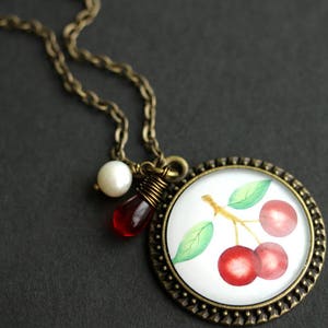 Red Cherry Necklace. Cherry Pendant With Red Teardrop and White Pearl ...