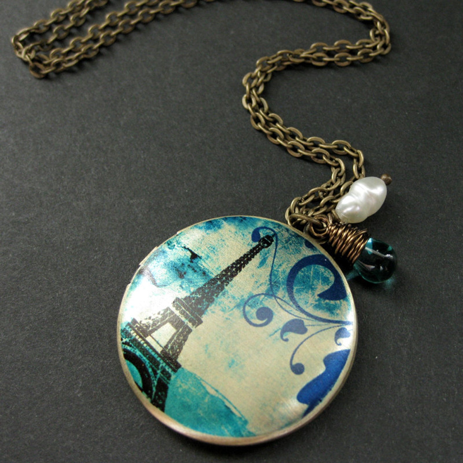 Locket Necklace. Eiffel Tower Locket With Fresh Water Pearl and Aqua ...