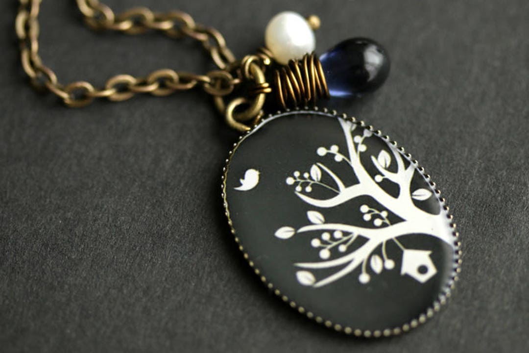 Midnight Tree Necklace. Navy Blue and White Tree Pendant With Dark Blue ...