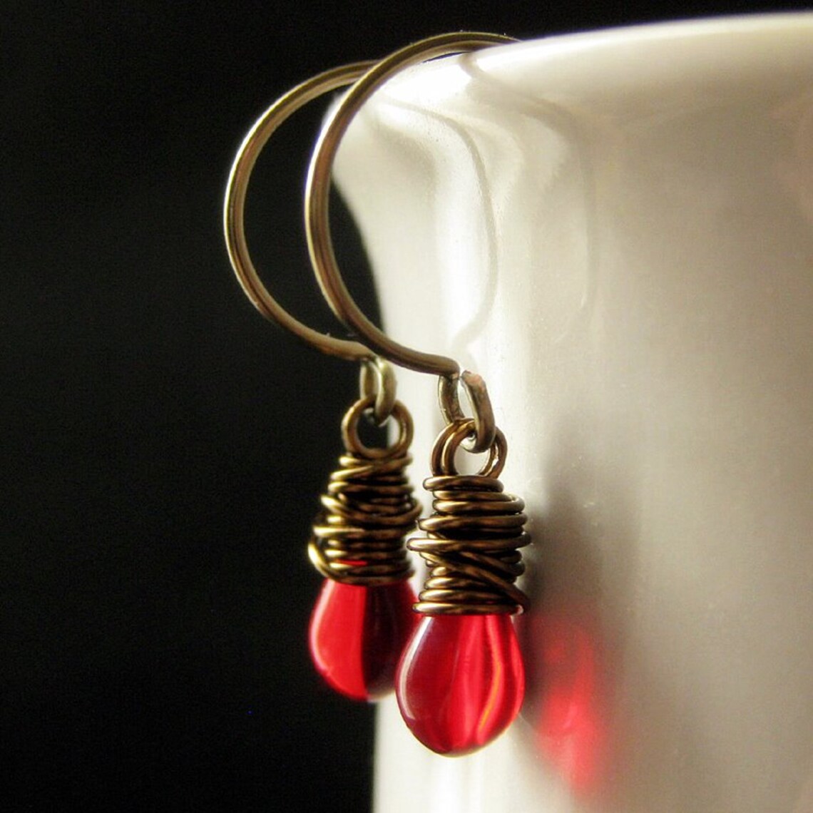 BRONZE Earrings Blood Red Earrings With Glass Teardrops - Etsy