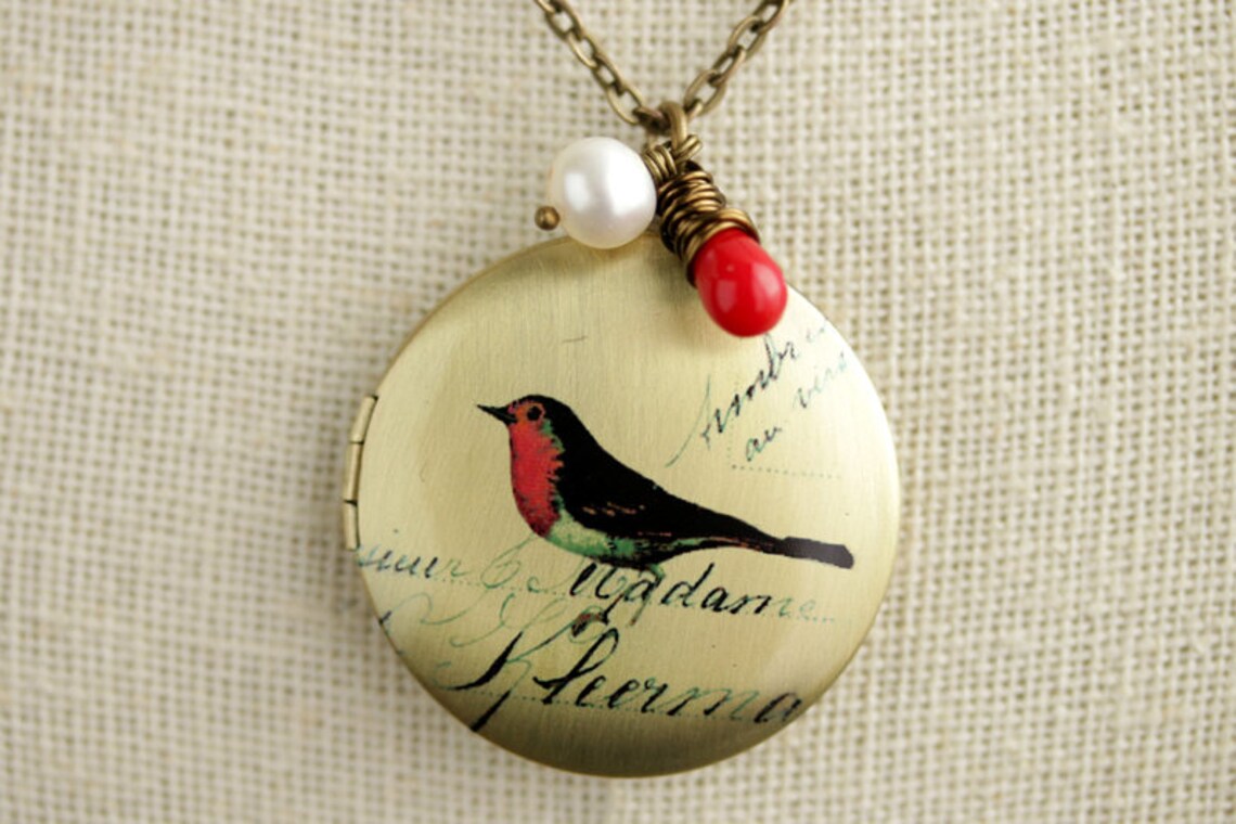 Red Robin Locket Necklace. Photo Locket. Bird Necklace With Red Coral ...