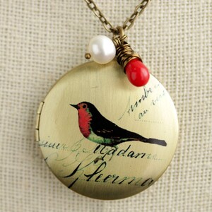 Red Robin Locket Necklace. Photo Locket. Bird Necklace With Red Coral ...