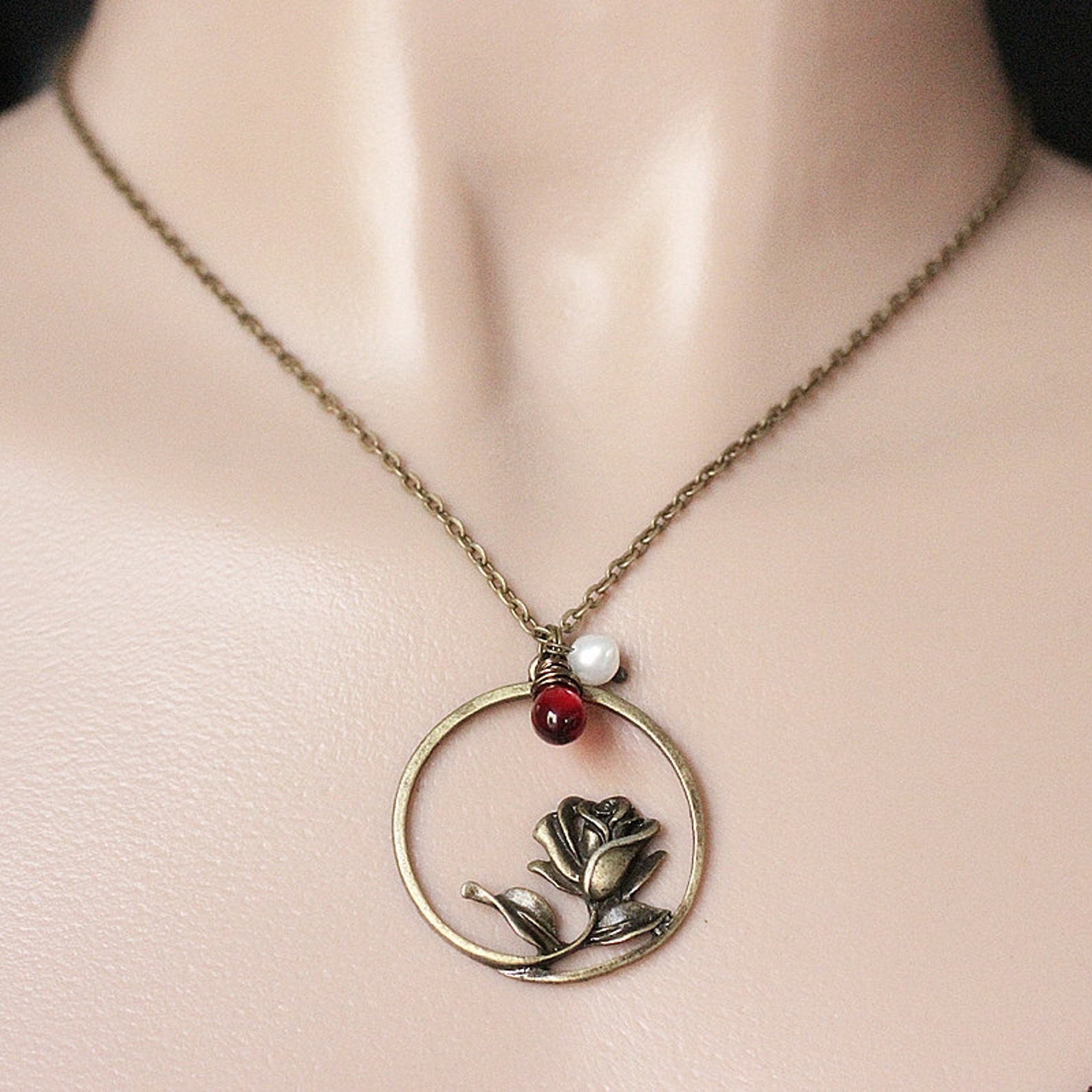 Red Rose Necklace. Bronze Rose Charm Necklace With Red - Etsy