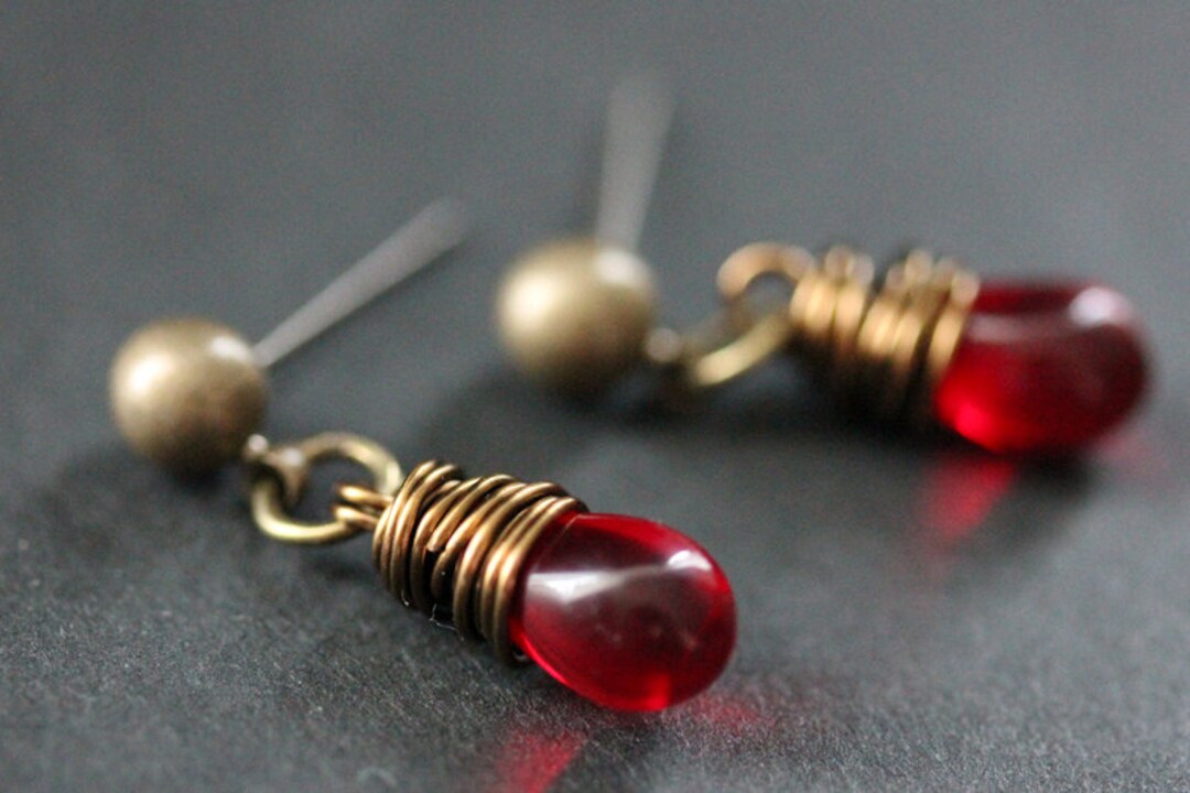 BRONZE Earrings - Blood Red Teardrop Earrings. Dangle Earrings. Post ...