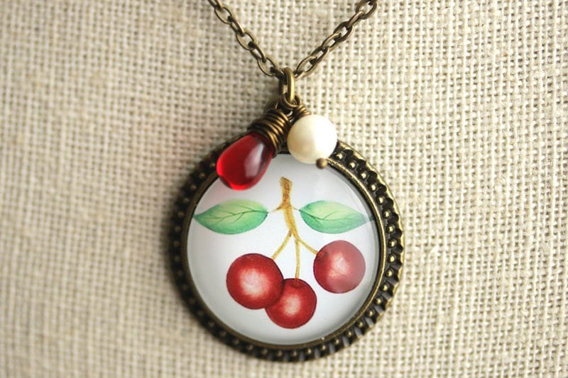 Red Cherry Necklace. Cherry Pendant With Red Teardrop and White Pearl ...