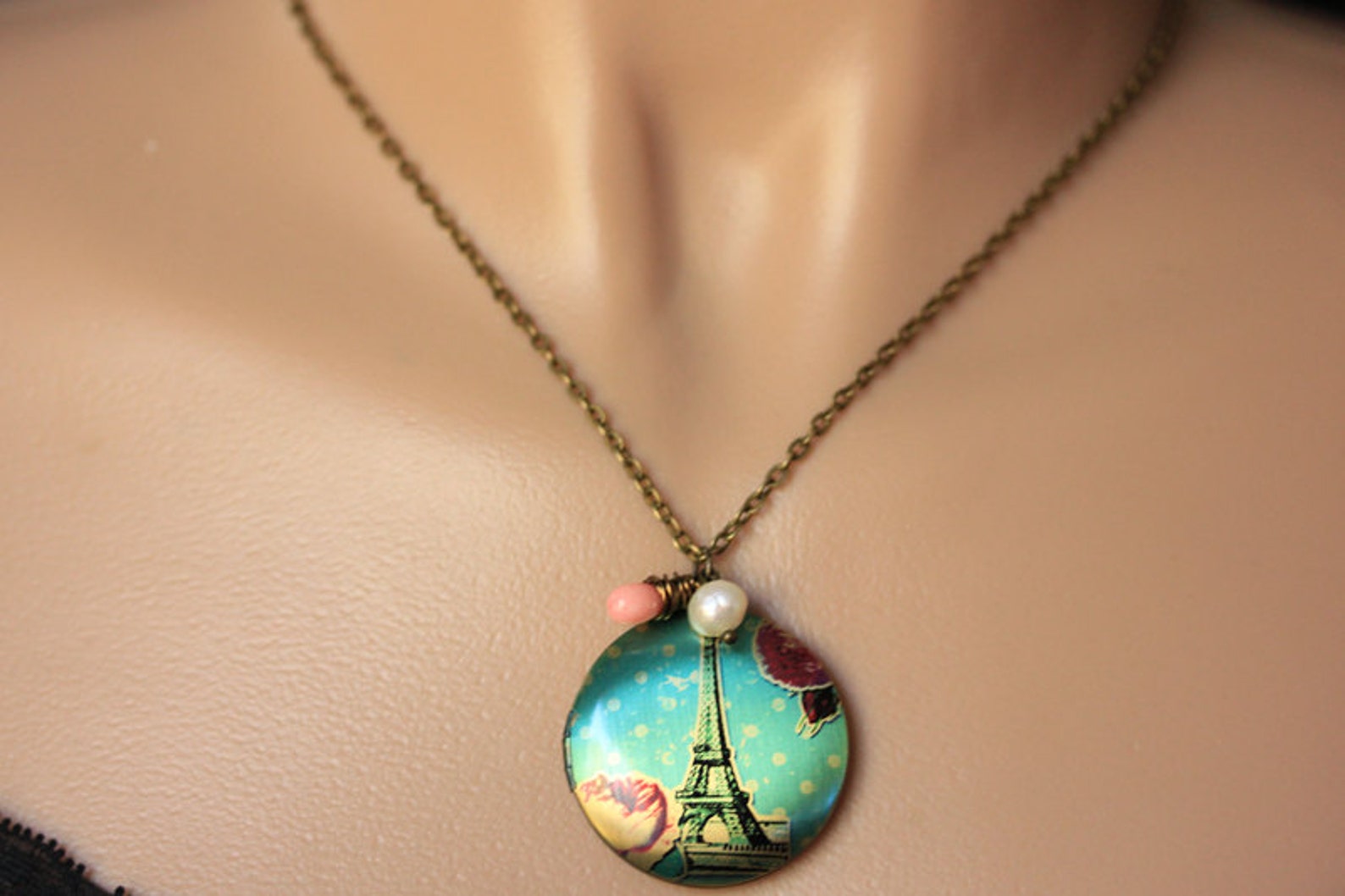Eiffel Tower Locket Necklace. Spring in Paris Necklace With Coral ...