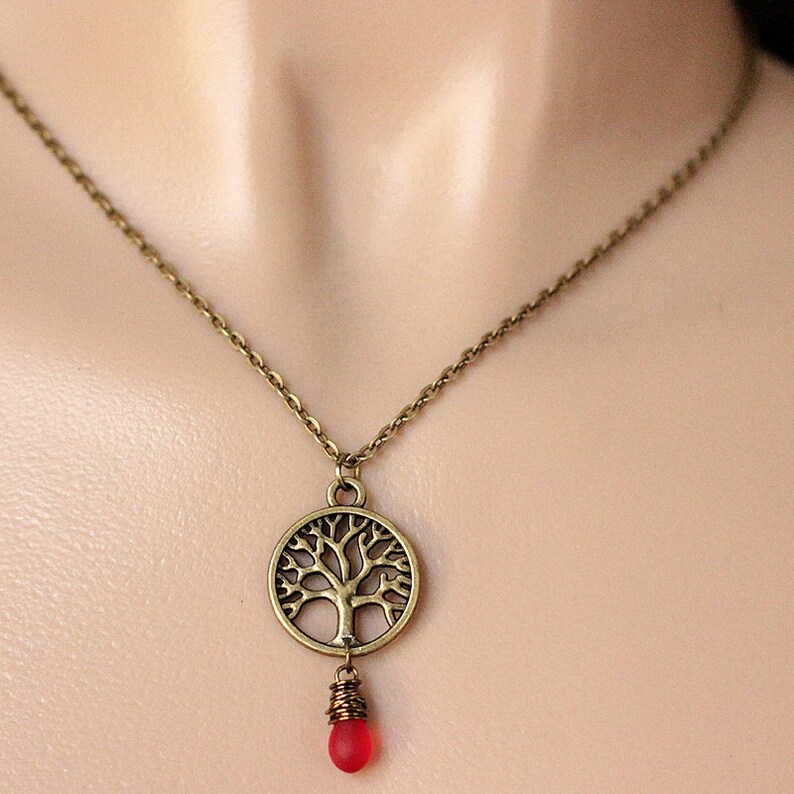 Tree Necklace. Tree of Life Necklace in Bronze Wire Wrapped Frosted Red ...