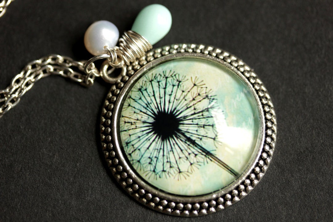 Dandelion Necklace. Dandelion Pendant With Fresh Water Pearl and Mint ...