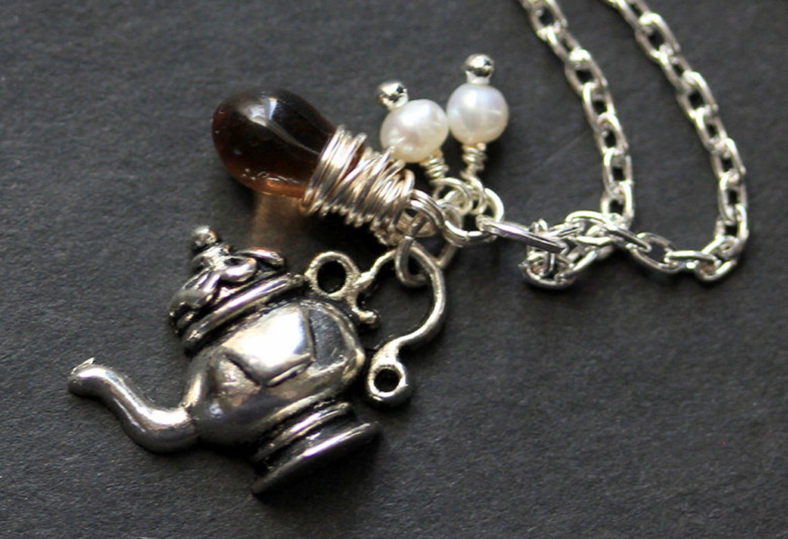 Silver Teapot Necklace in Silver. Teapot Charm Necklace With Tea Brown ...