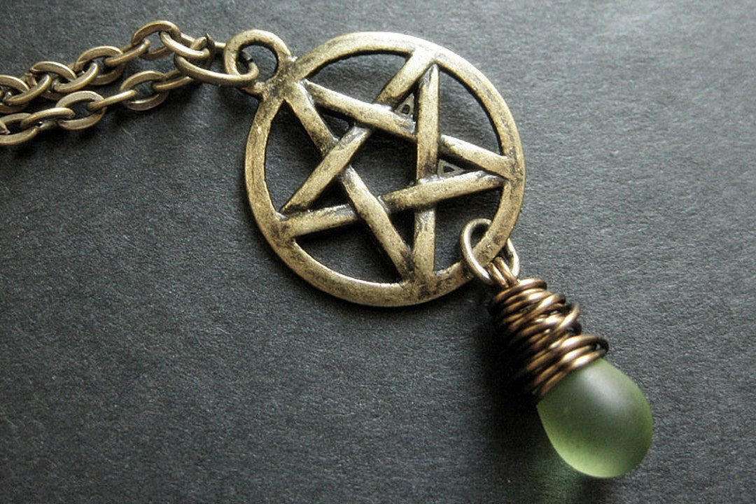Frosted Green Teardrop Necklace. Wicca Jewelry. Bronze Pentacle ...