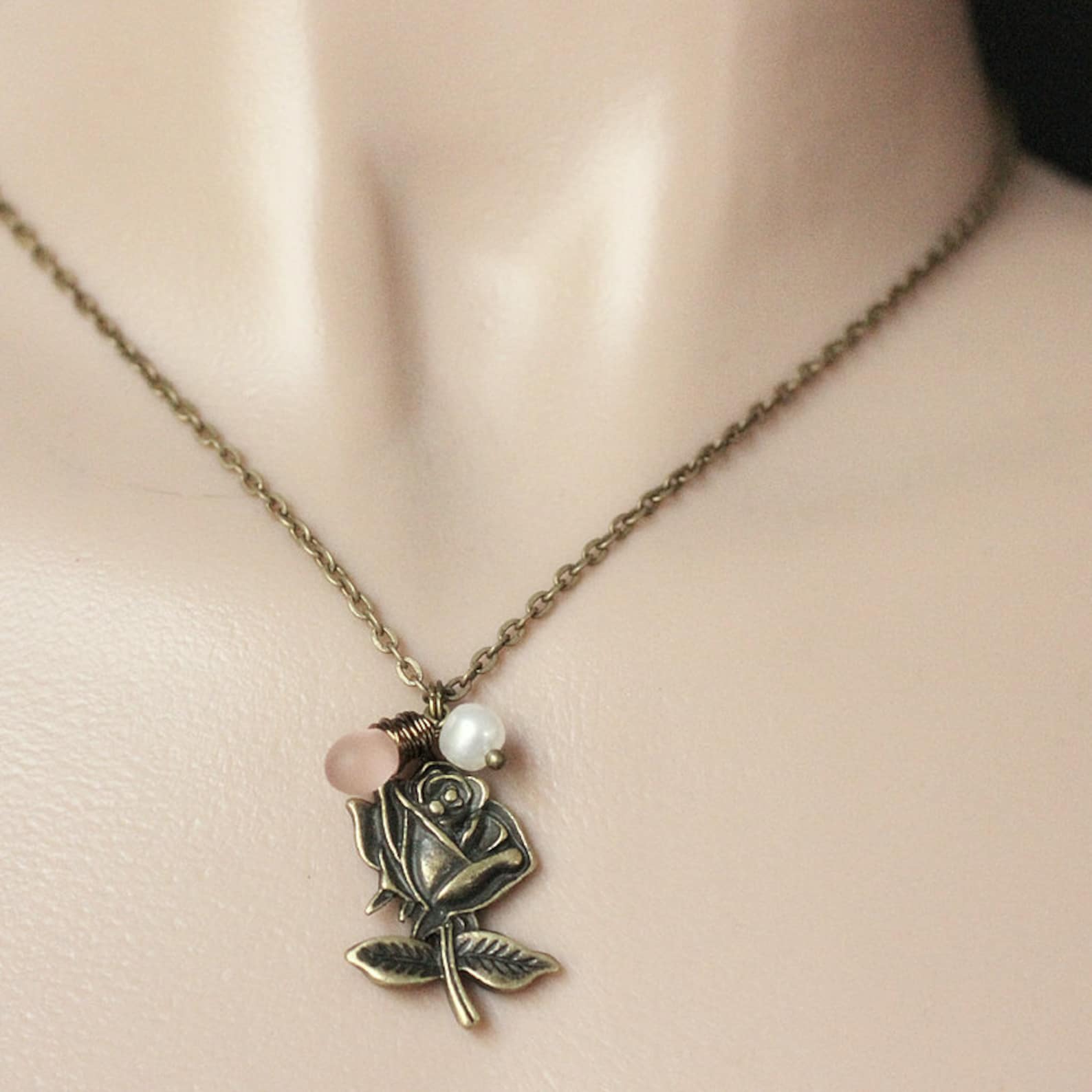 Pink Rose Necklace. Bronze Rose Charm Necklace With Frosted - Etsy