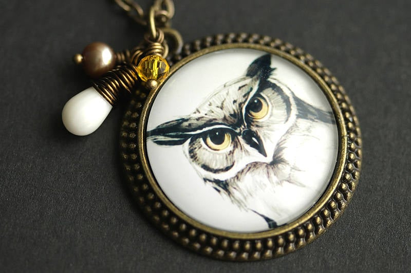 Horned Owl Necklace. Gray Owl Pendant. Bird Necklace With White Coral ...
