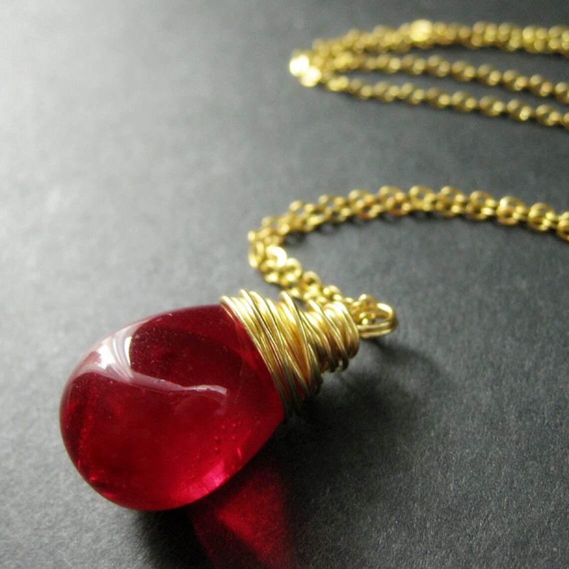 Extra Large Red Solitaire Necklace. Red Teardrop Necklace Wire Wrapped ...