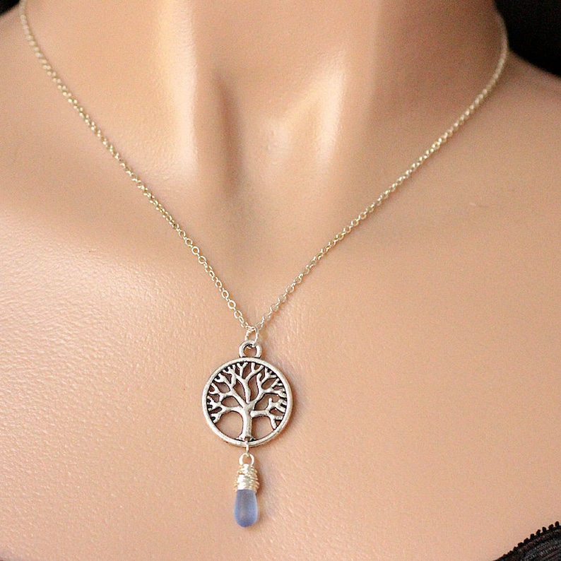 Silver Tree Necklace. Tree of Life Necklace. Wire Wrapped Frosted Blue ...