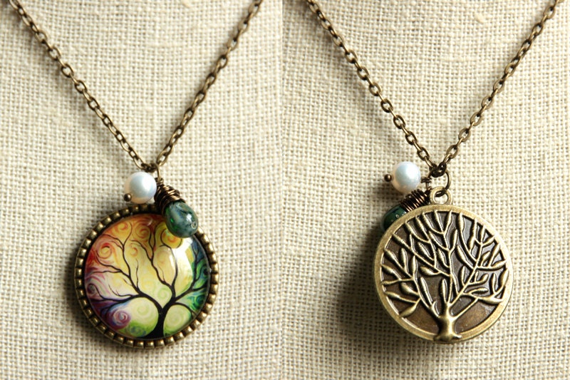 Rainbow Tree Necklace. Bronze Tree Pendant. Handmade Necklace With Teal ...