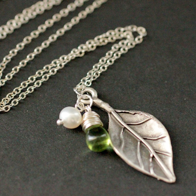 Silver Leaf Necklace. Fig Leaf Necklace. Leaf Charm Necklace With Glass ...