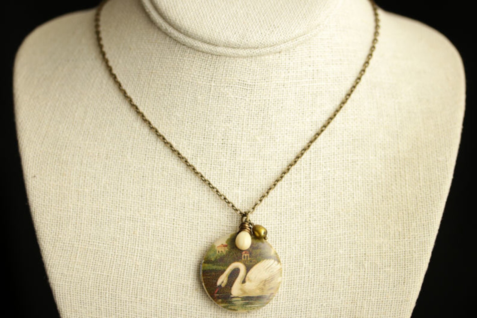 White Swan Locket Necklace. Swan Necklace With Beige Teardrop - Etsy