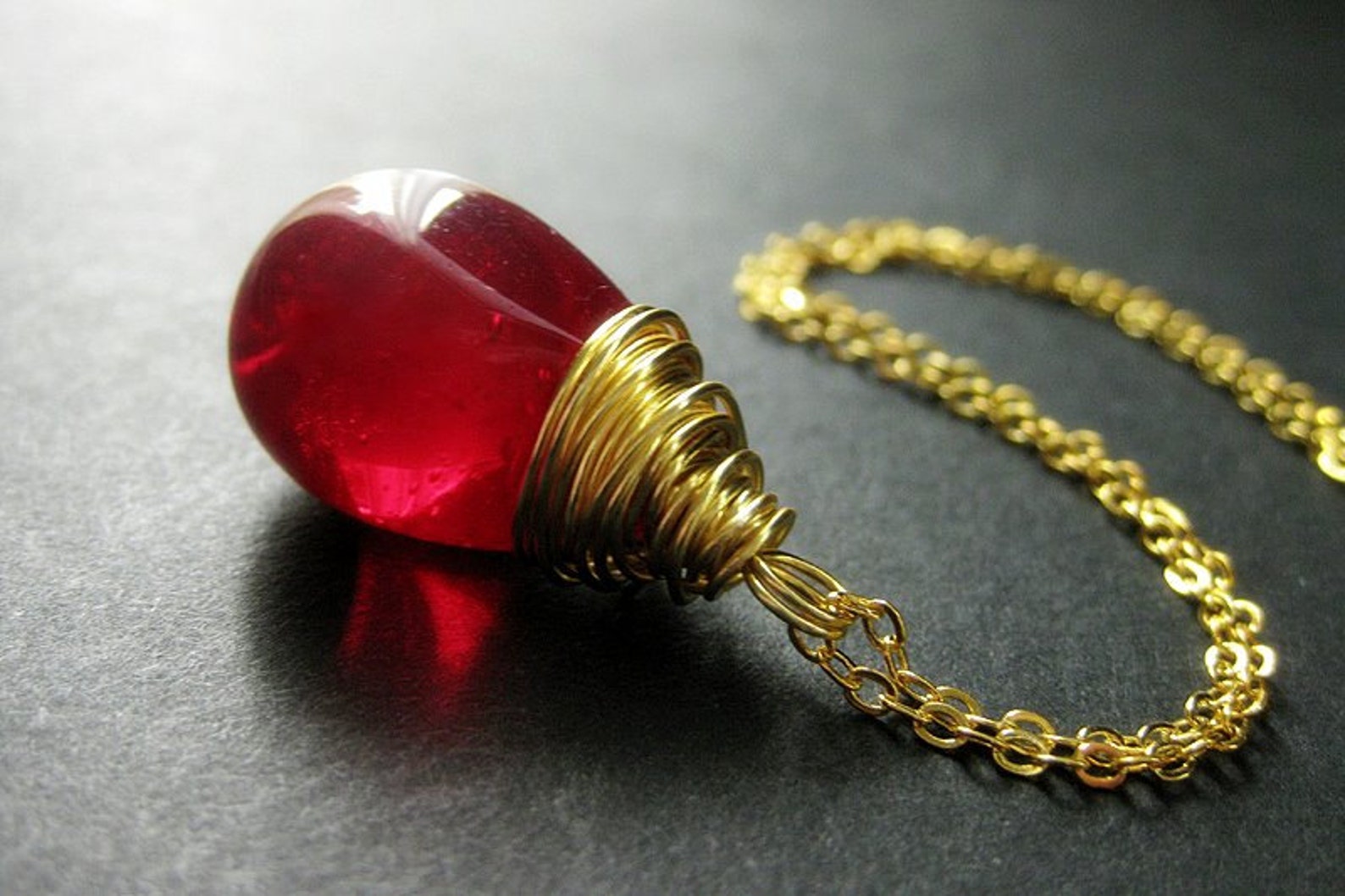 Extra Large Red Solitaire Necklace. Red Teardrop Necklace Wire Wrapped ...