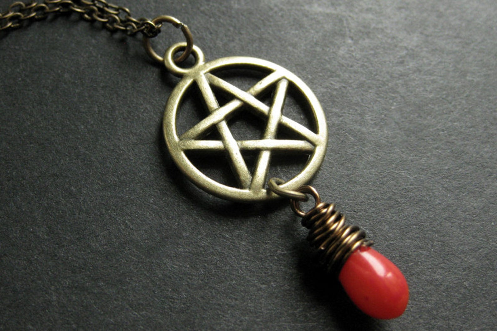 Orange Coral Necklace. Pagan Necklace. Teardrop Necklace. Bronze ...