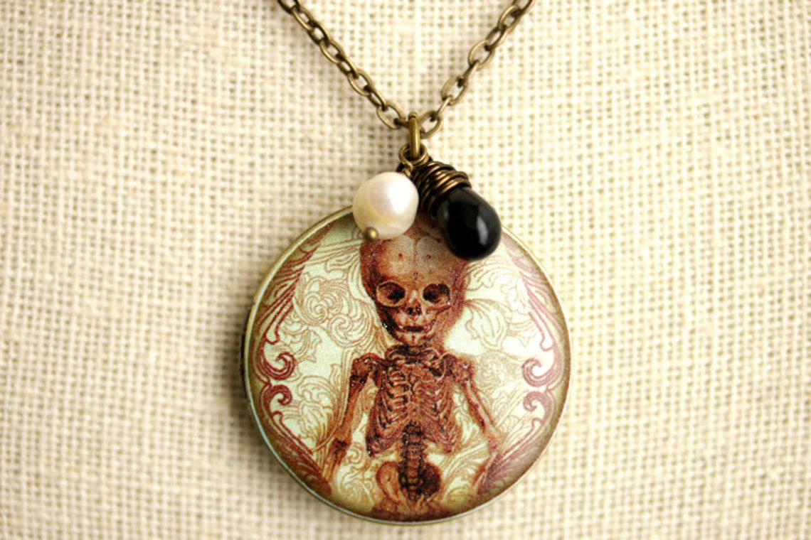 Gothic Skeleton Locket Necklace. Skeleton Necklace With Black Teardrop ...