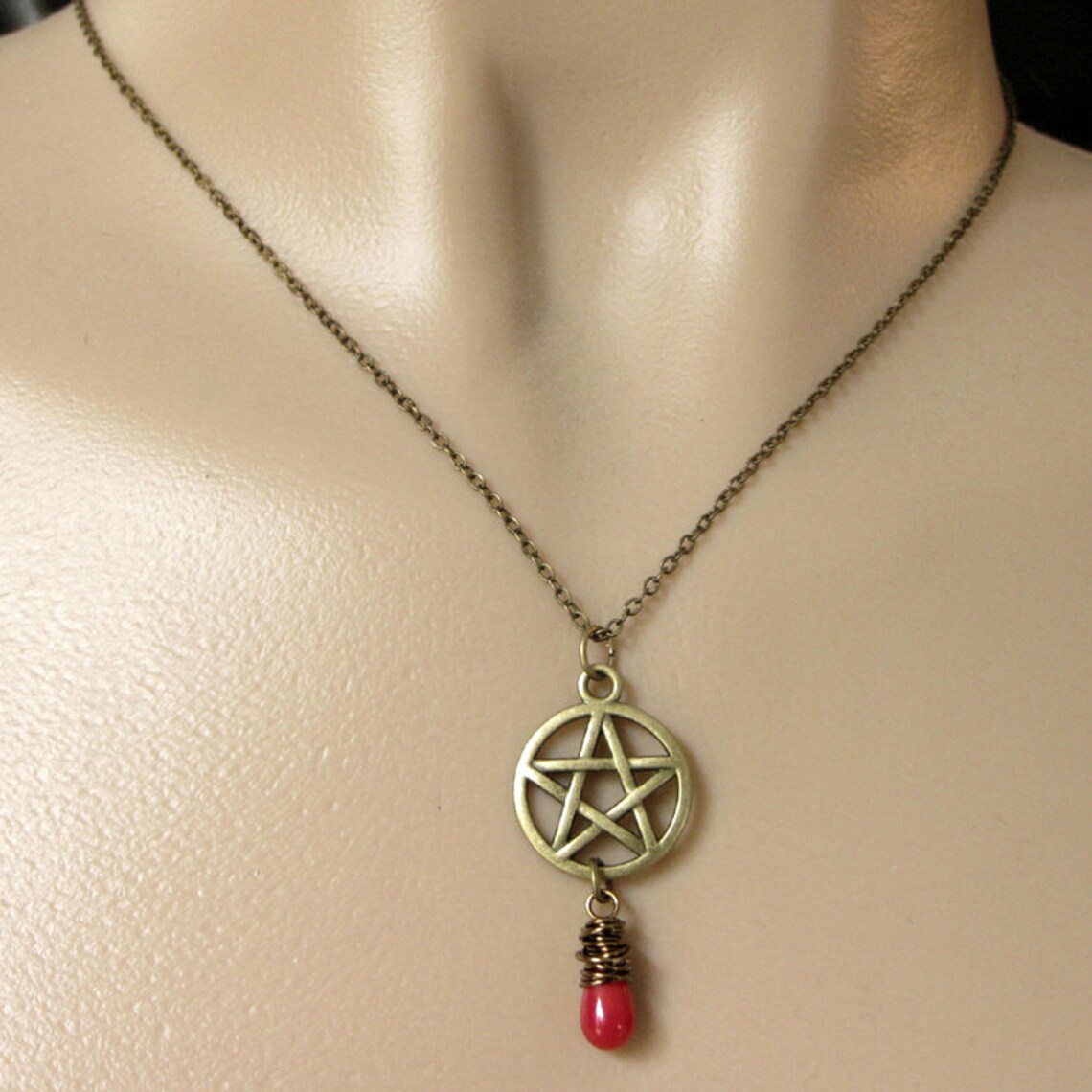 Red Coral Necklace. Pentagram Necklace in Bronze. Pagan Necklace ...