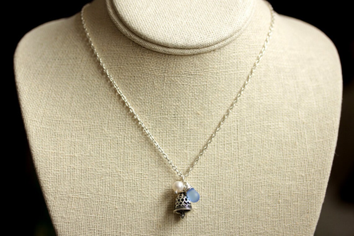 Silver Bell Necklace. Bell Charm Necklace With Glass Teardrop and Fresh ...
